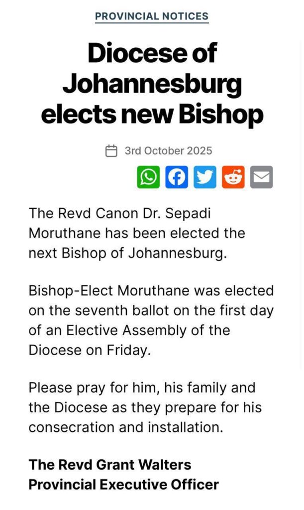 Diocese of Johannesburg: Bishop-Elect The Revd. Canon Dr. Sepadi ...